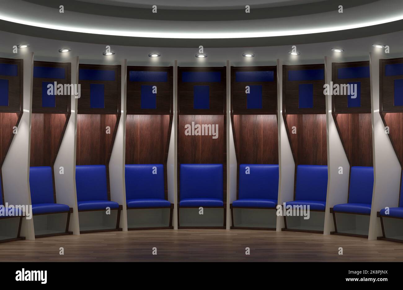 A sports locker room made of a semi circle of cubicles and a padded ...