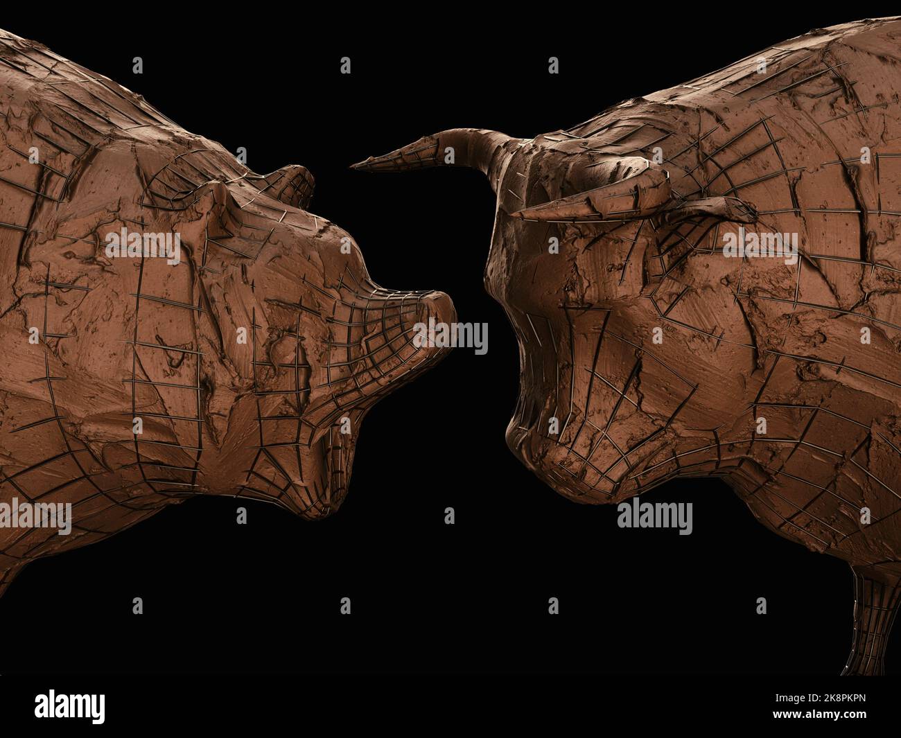 Two rough clay and iron reinforced sculptures depicting a bull opposing ...