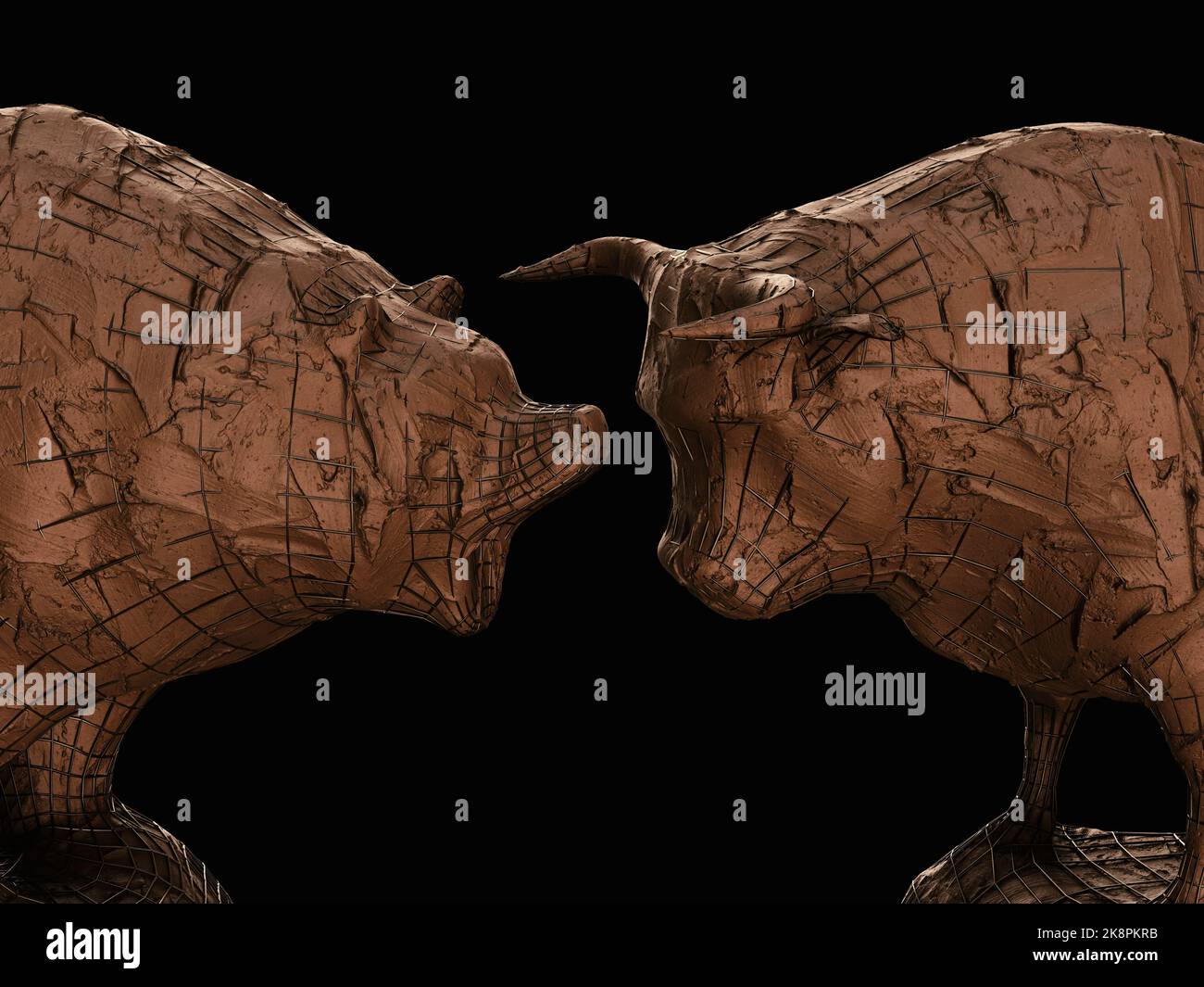 Two rough clay and iron reinforced sculptures depicting a bull opposing ...