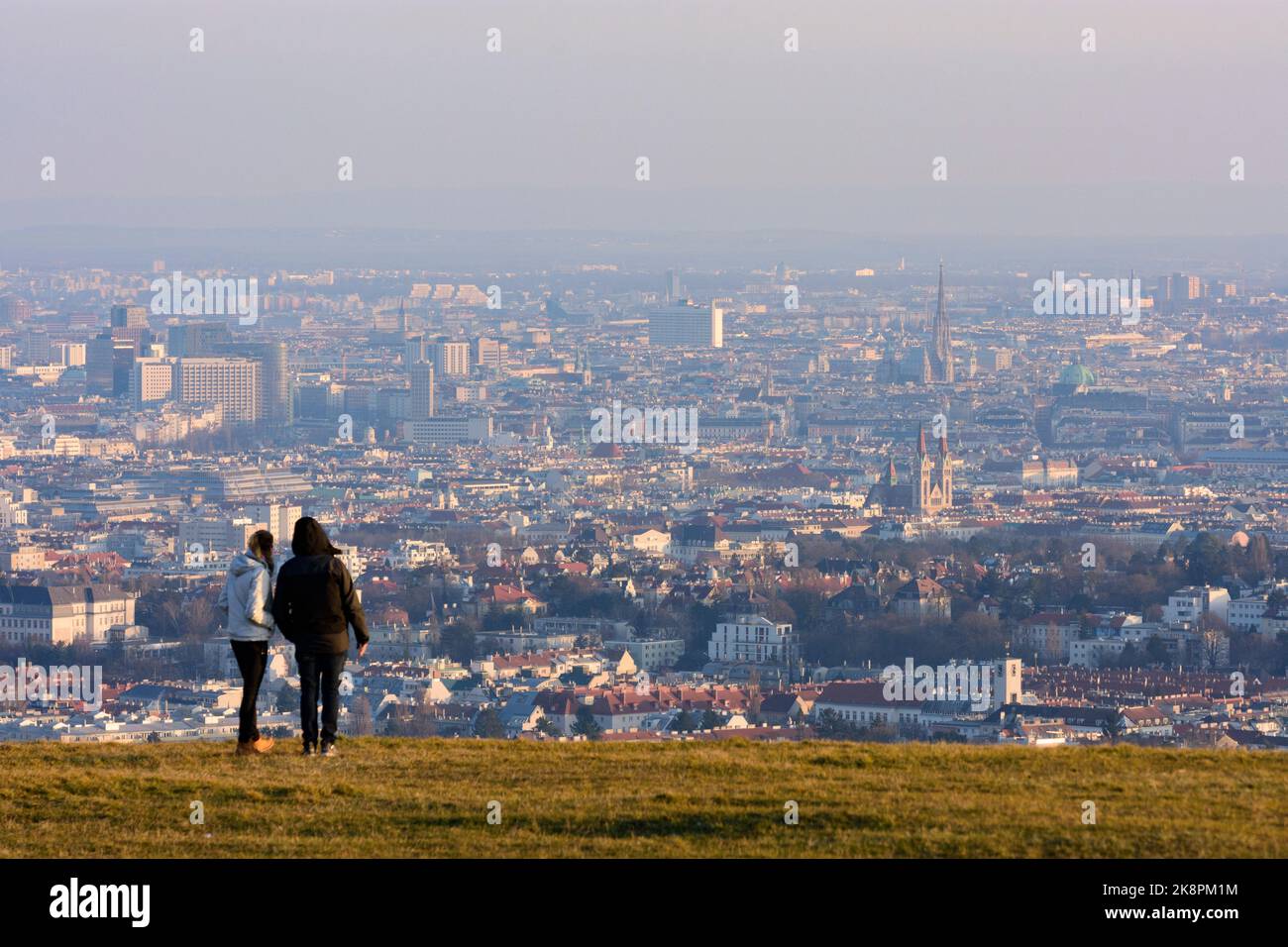 Wien, Vienna: view to city center from meadow Bellevuewiese, young ...