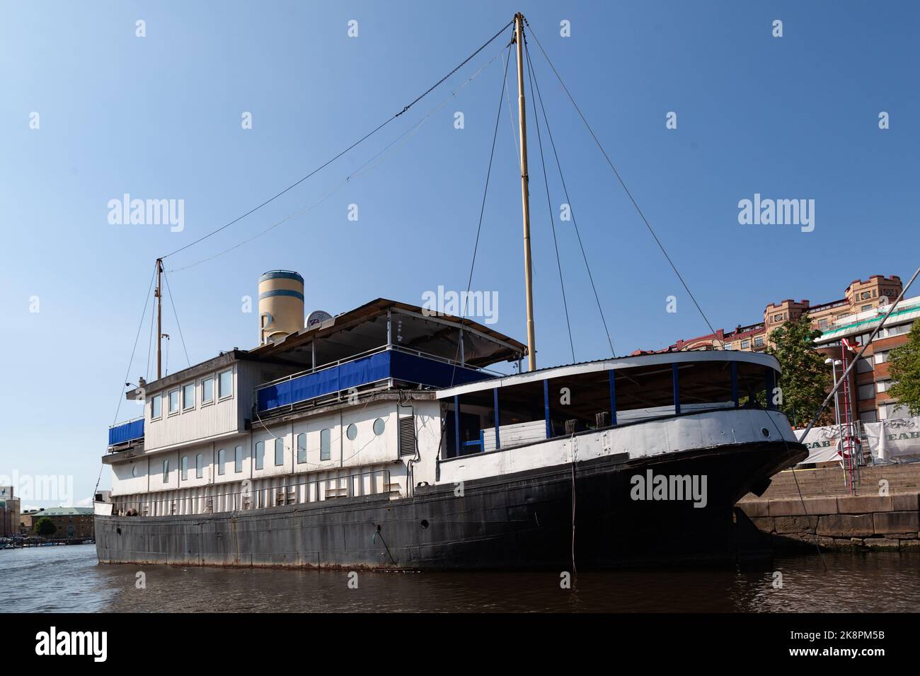 A low angle shot of a boat hotel docked in Gothenburg, Sweden Stock ...