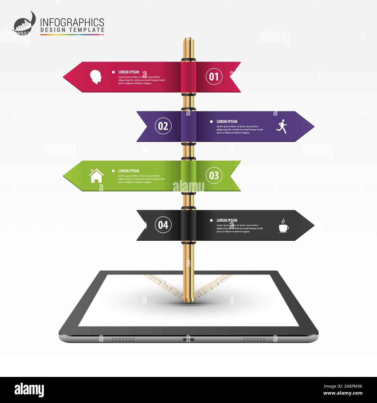 Infographic template of multidirectional pointers on a signpost. Vector ...