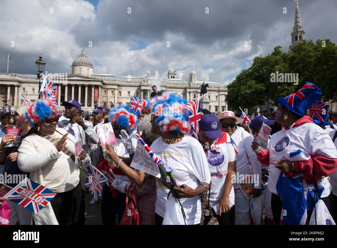 Revellers with Union flags gather in Trafalgar Square, central London ...