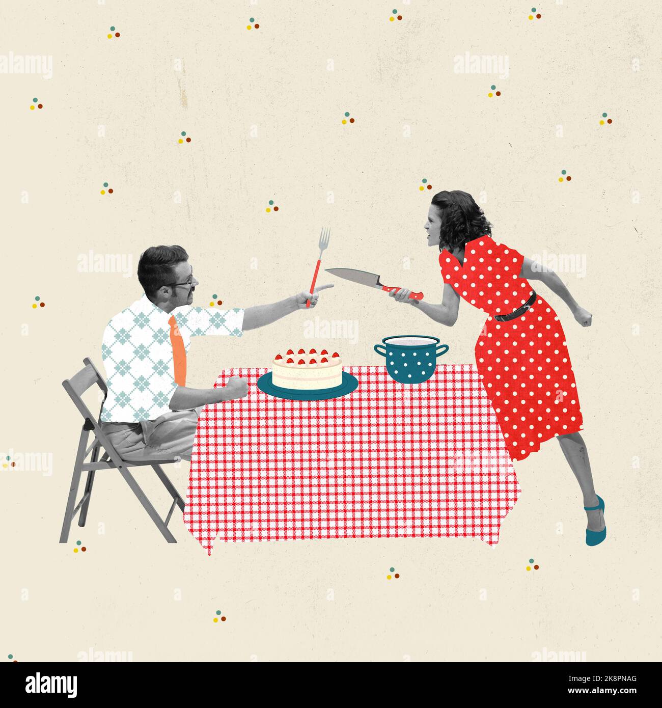 Contemporary art collage. Creative design in retro style. Young couple ...