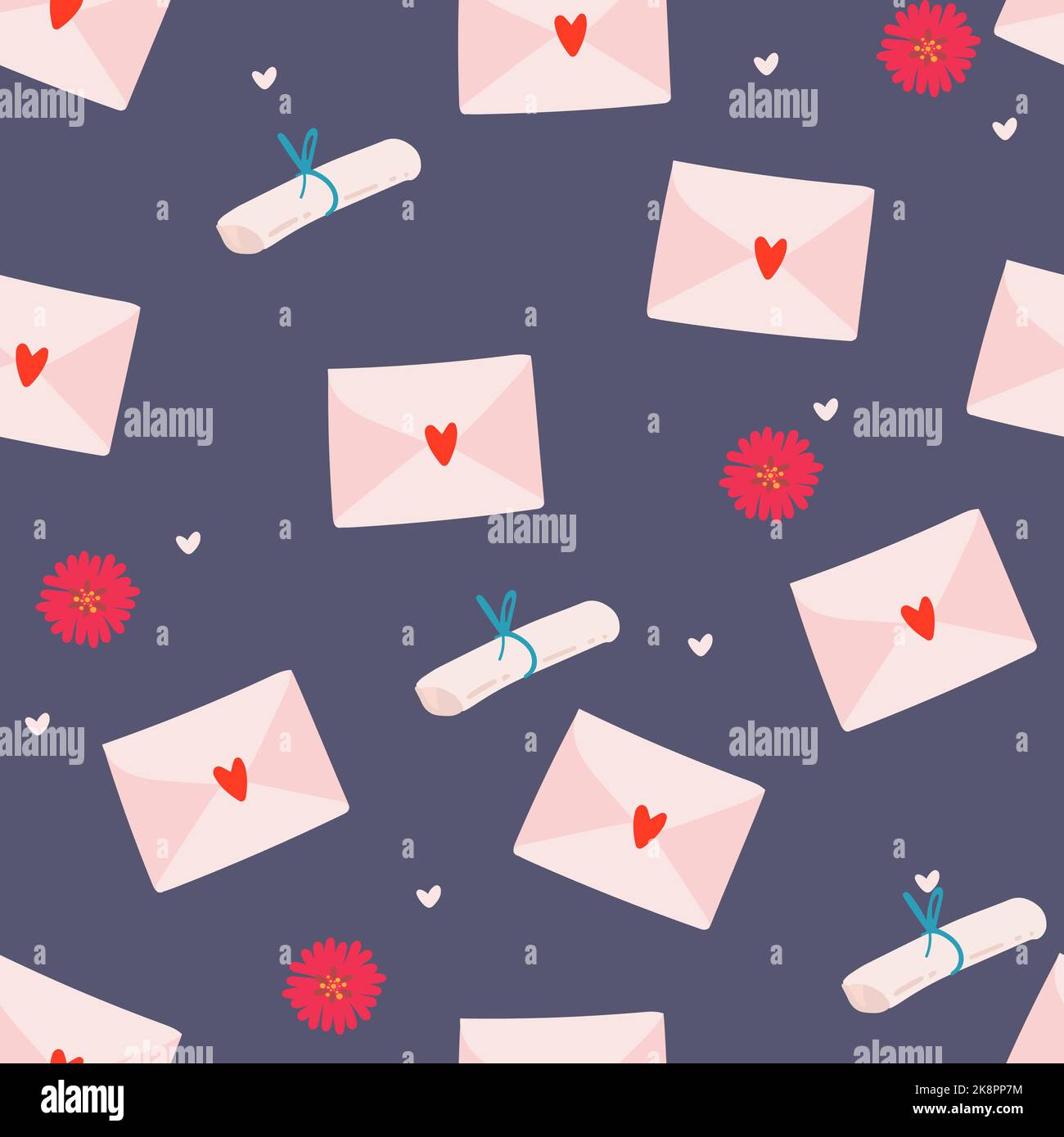 Vector. Cute seamless pattern of love with envelopes, mail, on a white ...