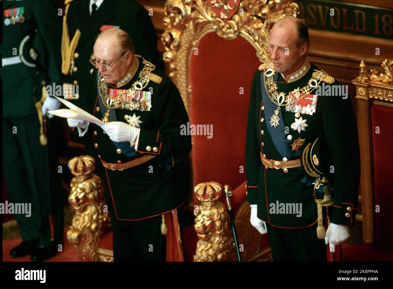 Oslo 19881003. Opening of the 133rd Storting. King Olav and Crown Prince Harald under The ...