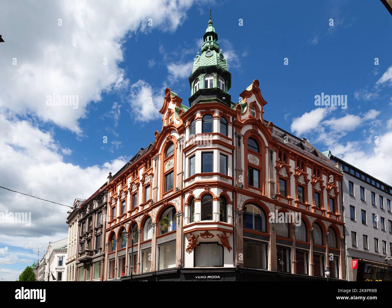 The facade of an old, historical building in downtown of Oslo, Norway ...