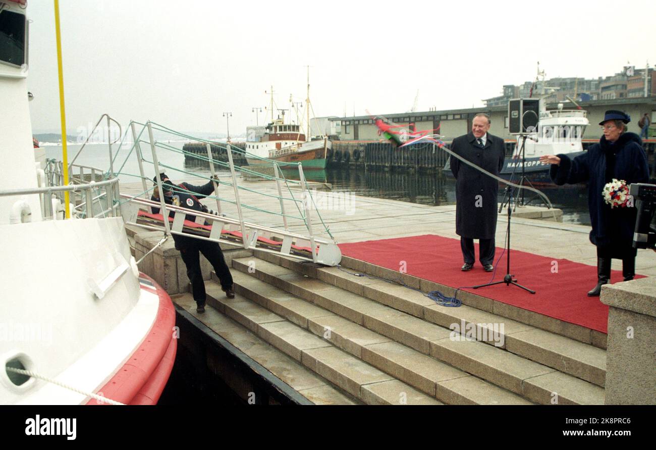 Oslo 19960324 Princess Astrid Mrs. Ferner baptizes the new rescue boat ...