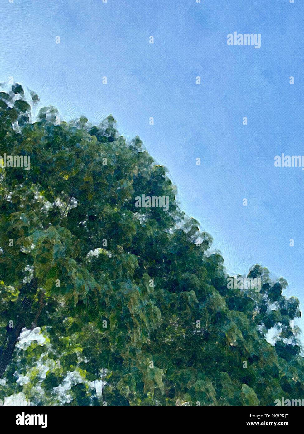 A beautiful vertical oil painting of tree leaves and blue sky in the ...