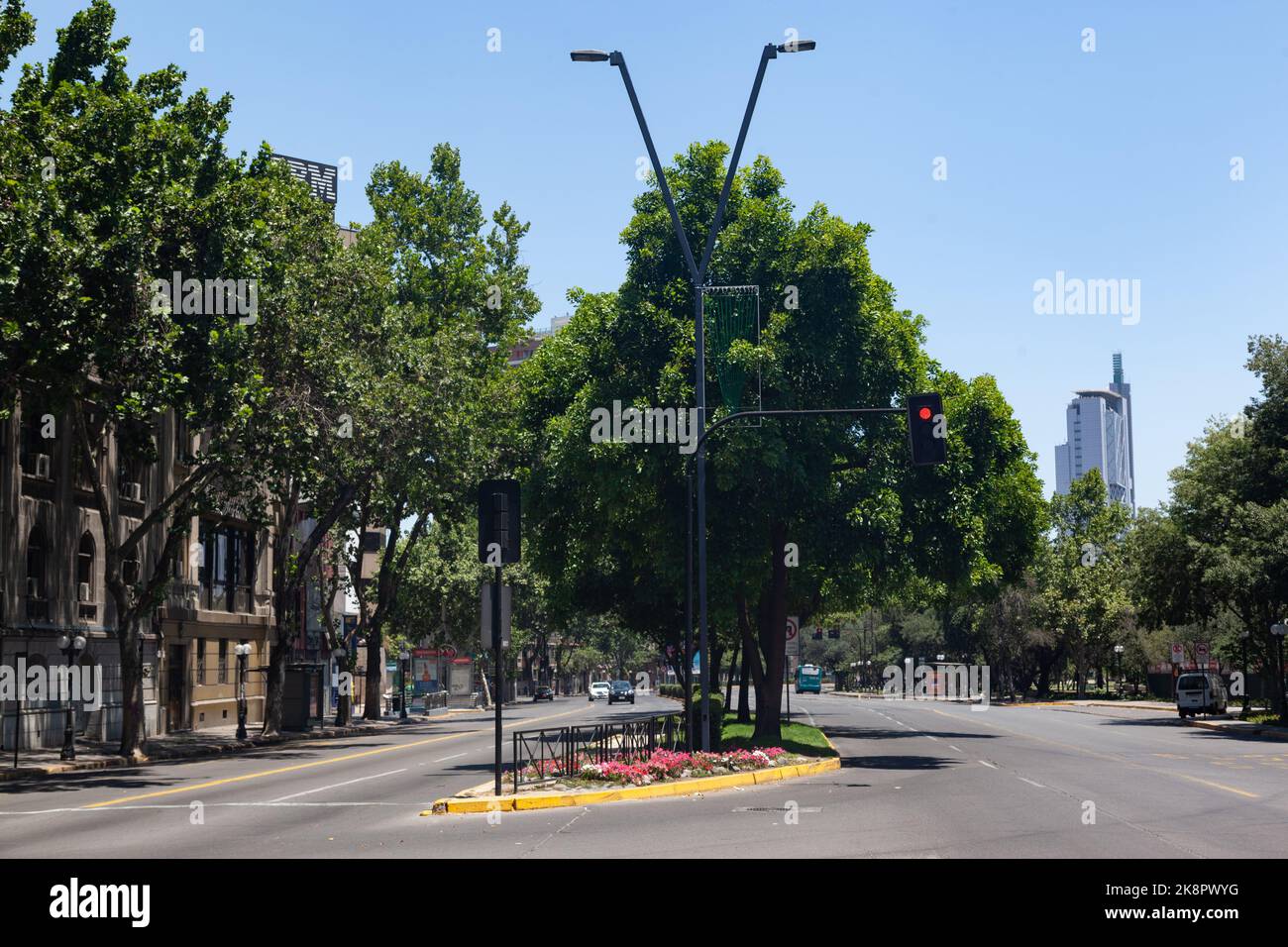A street in Santiago de Chile with Telefonica Tower in the background ...