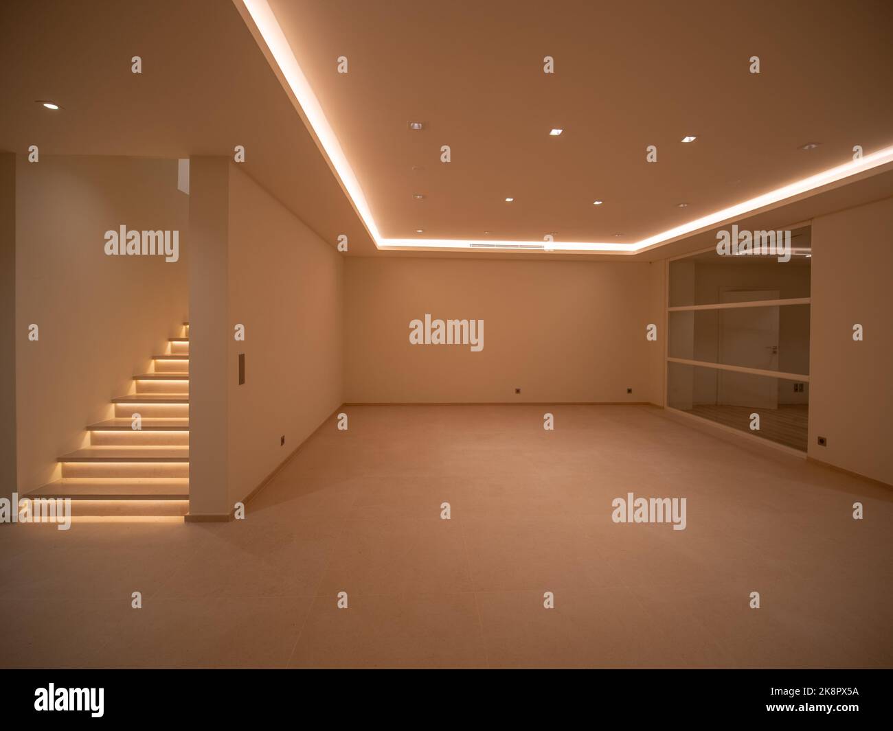 Large bright room without windows with LEDs on the ceiling, a bright ...