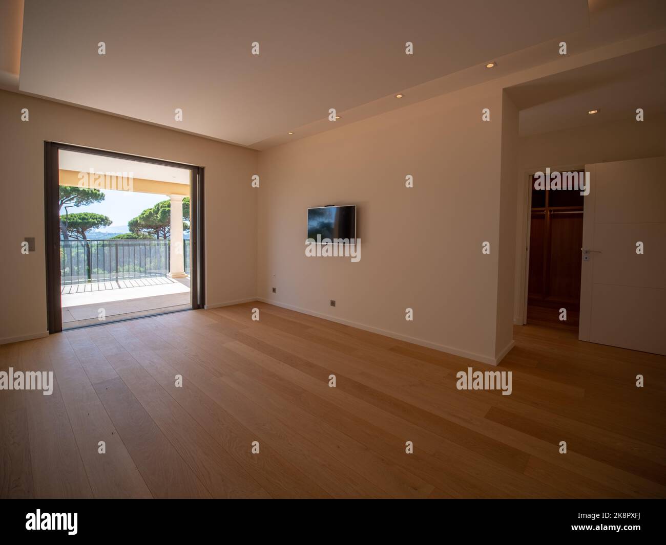 An empty room with a wooden floor, beige walls, a balcony and a ...