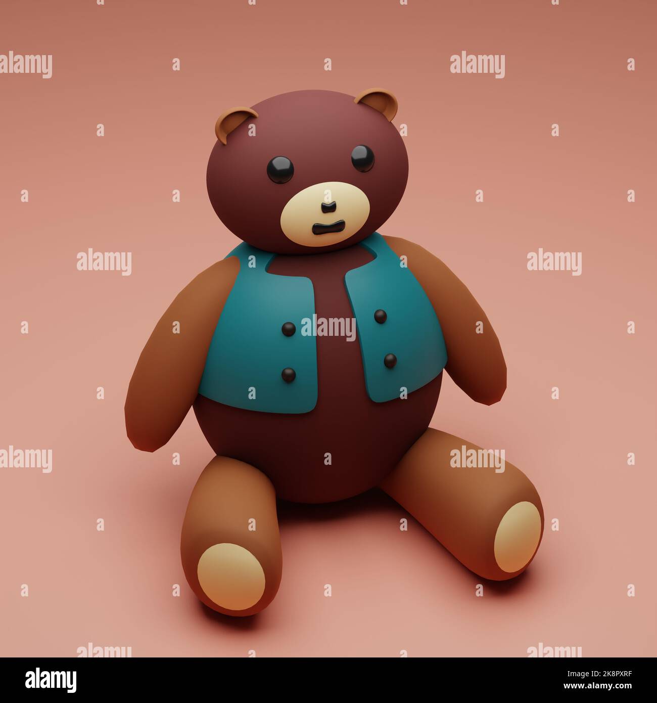 A 3d render of a teddy bear wearing a blue vest against a brown ...