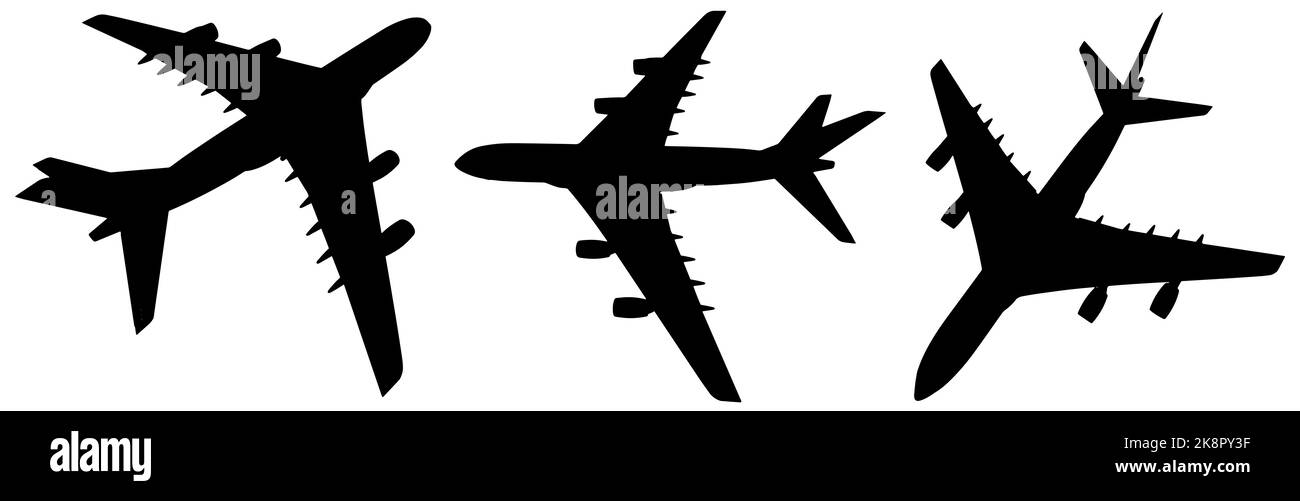 Conceptual set of three flying black passenger jetliner or commercial ...