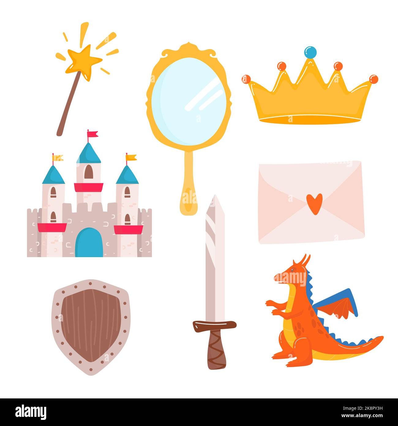 Hand drawn set of fairy tale and magic princess elements lock, crown ...