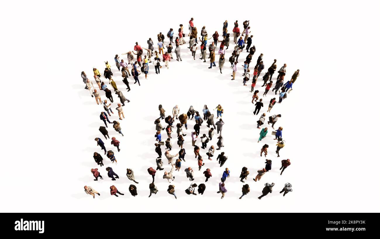 Concept conceptual large community of people forming the home button ...
