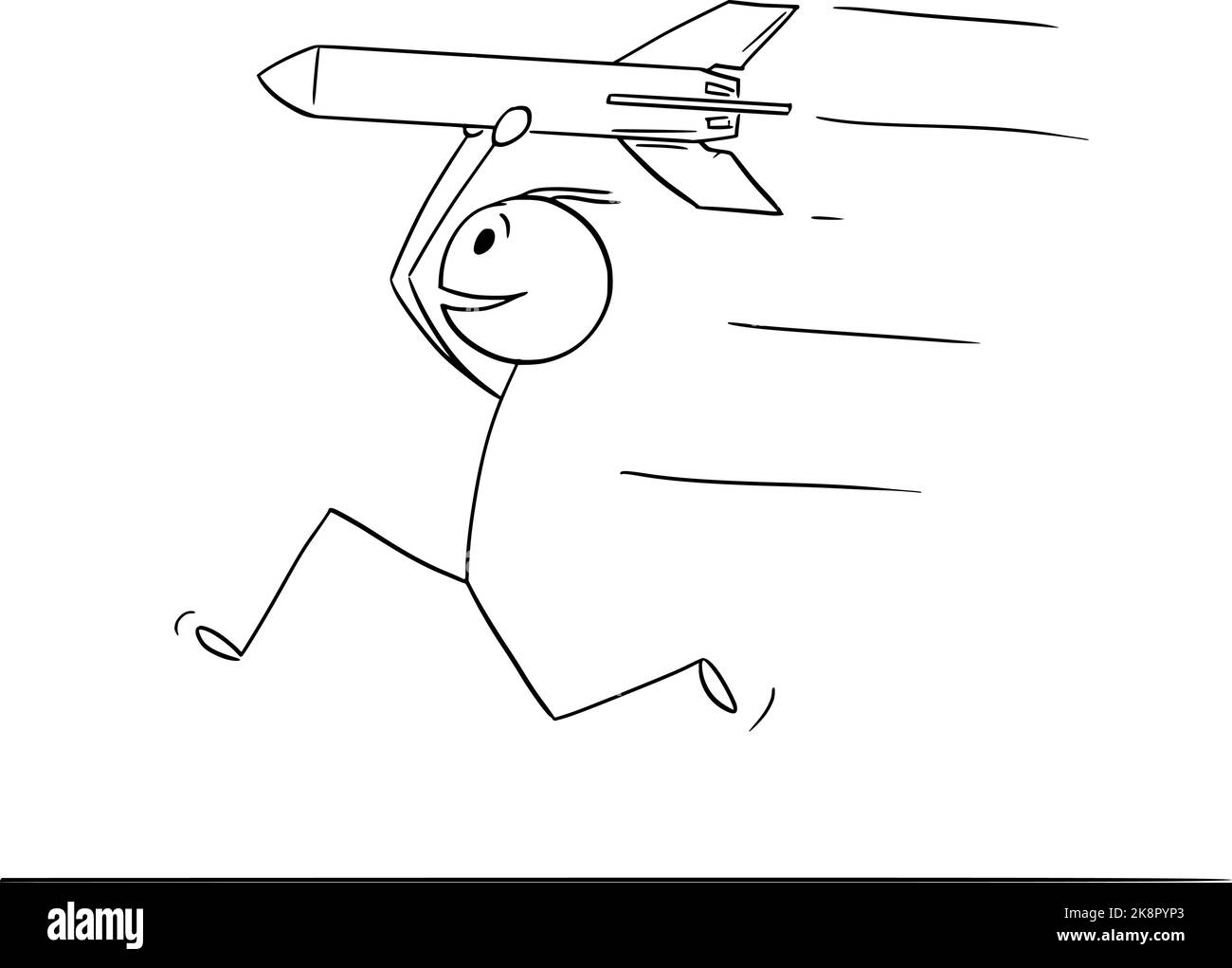 Person Running with Rocket or Missile, Vector Cartoon Stick Figure ...