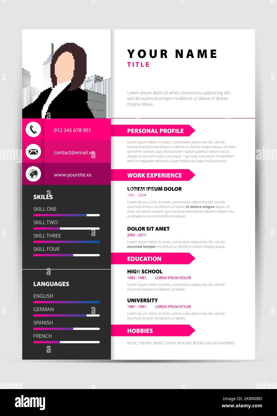 Personal Resume. Modern template in pink style. Vector illustration ...