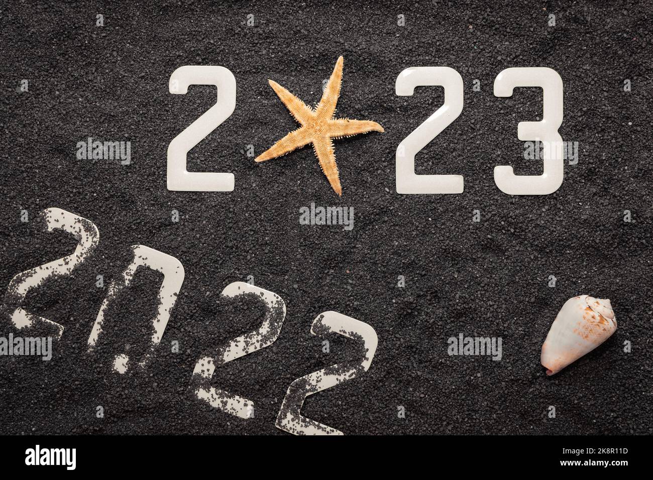 Happy New Year 2023 concept with a shell and a starfish. Winter ...