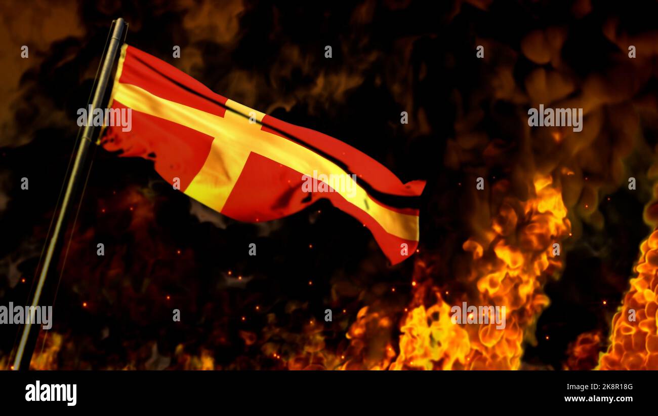 flag of Denmark on burning fire background - hard times concept ...