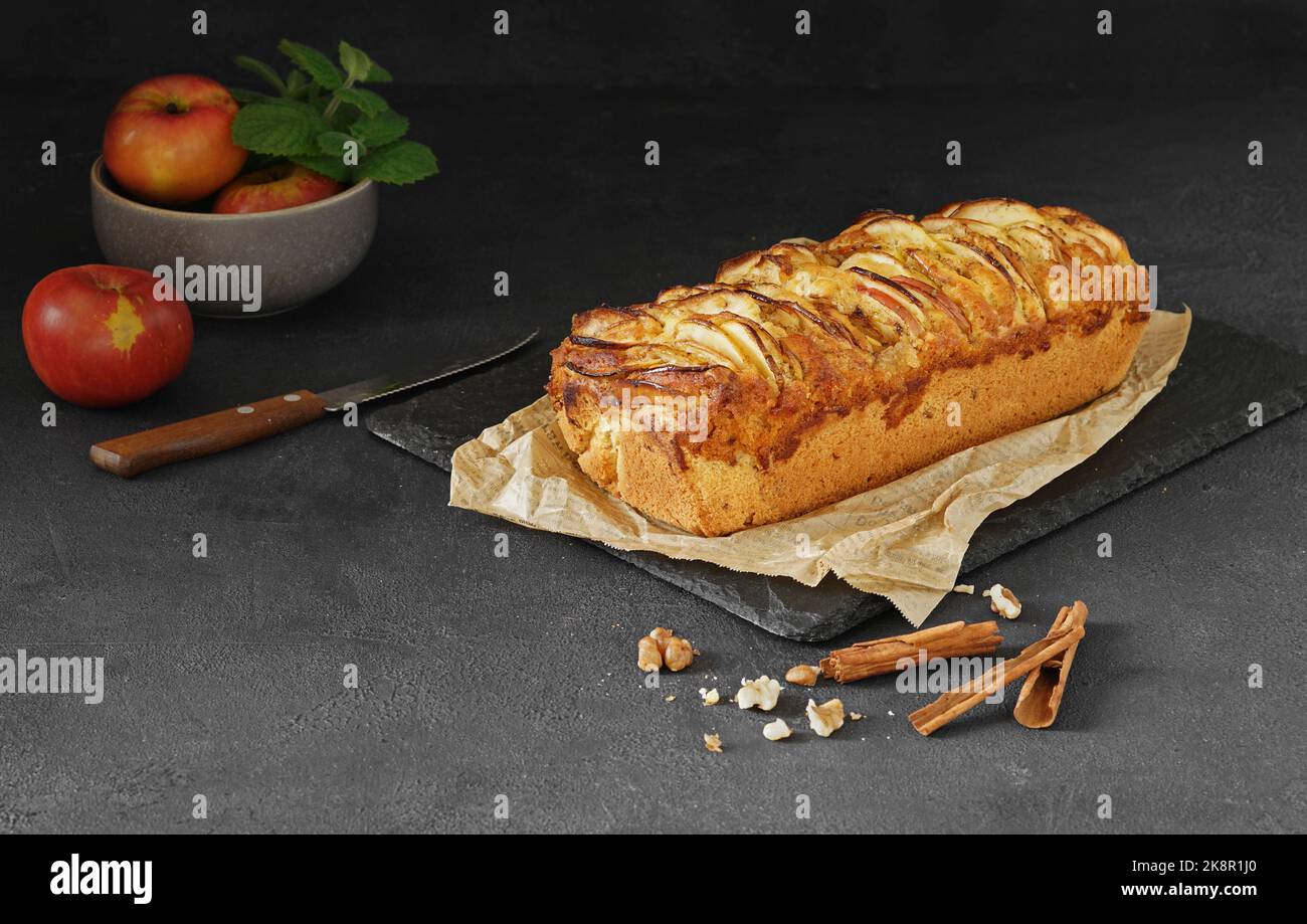 French apple pie on a dark background. Homemade apple baked goods. copy ...