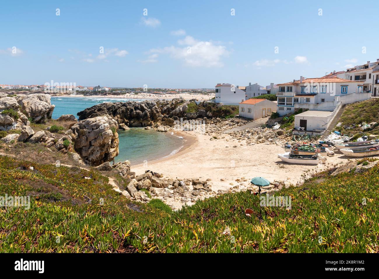 A beautiful view of the beach at the village of Baleal in Peniche ...