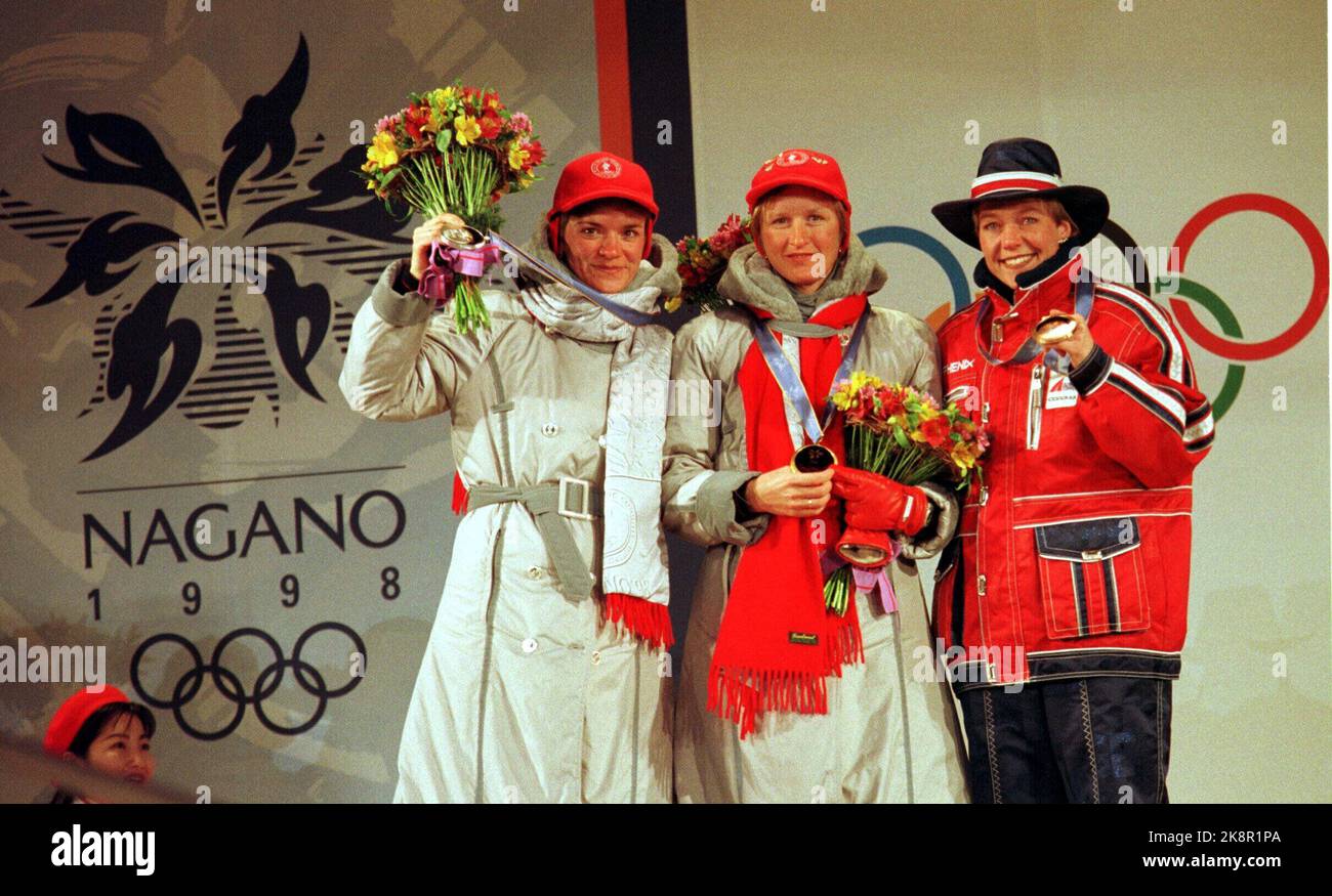 Nagano, Japan 19980208: From left Larissa Lazutina, Olga Danilova and ...