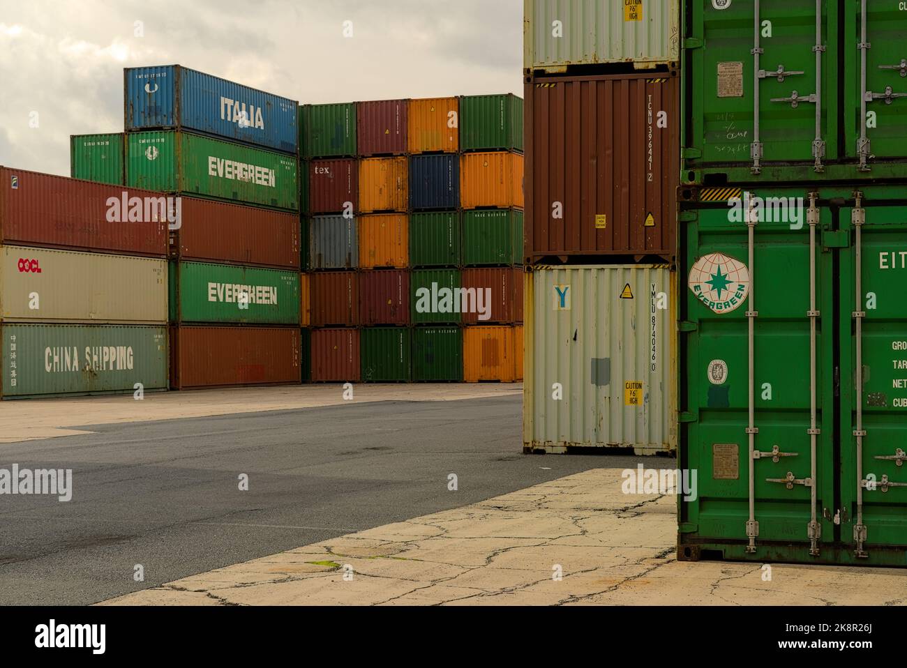 The stacked containers in the port. Niehler Hafen, Cologne, Germany ...