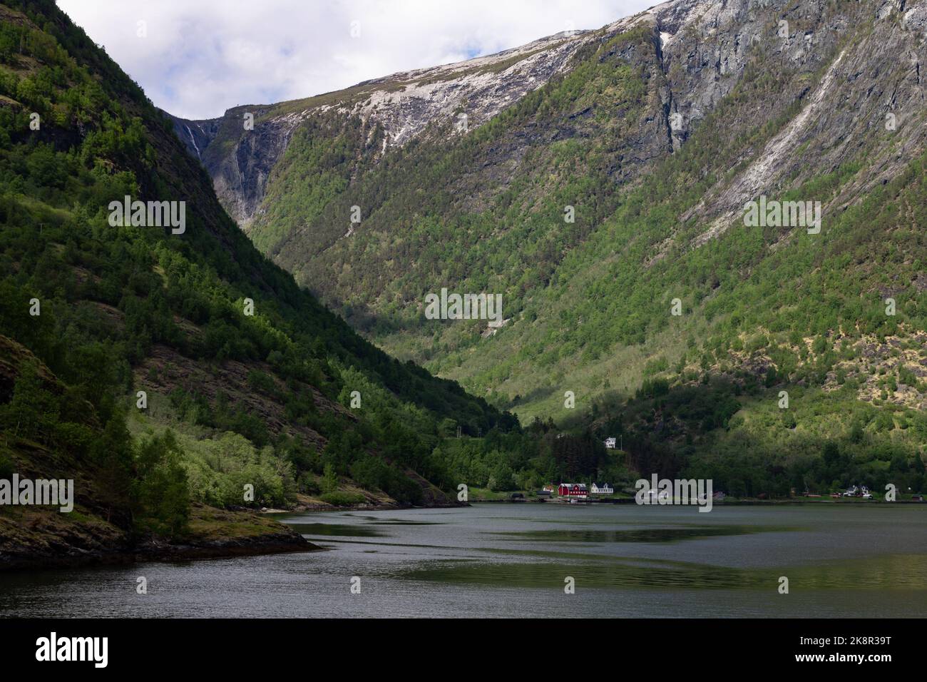 The beautiful landscape of narrow Fjord and a lake in Aurland ...