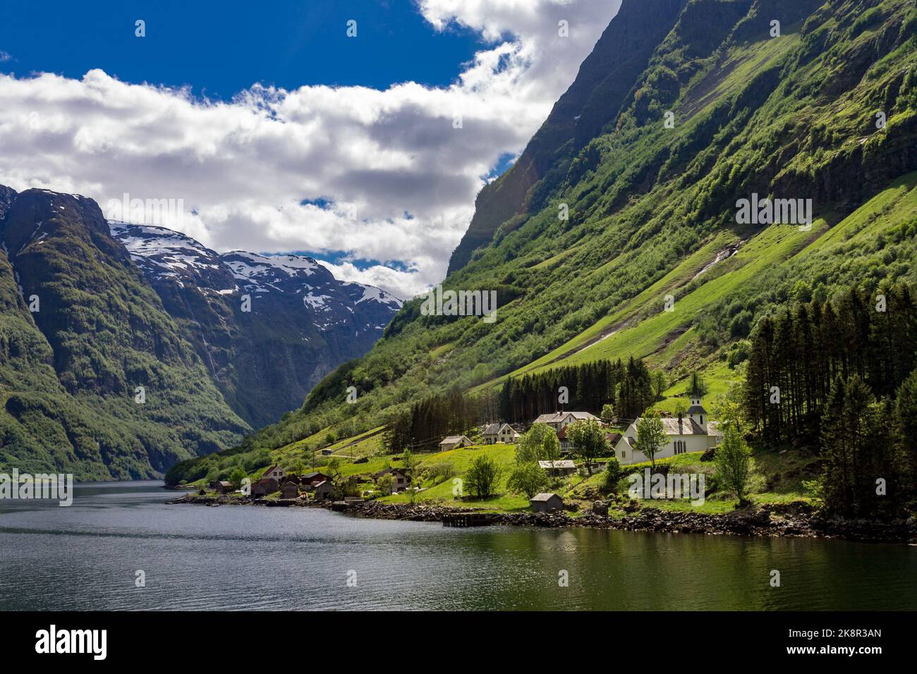 The beautiful landscape of narrow Fjord and a lake in Aurland ...