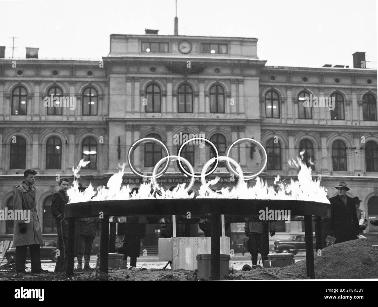 Oslo Winter Olympics 1952. Olympia fire with the Olympic rings at the ...