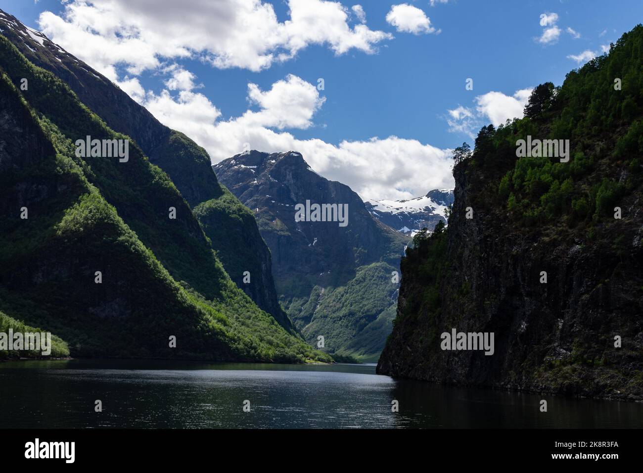 The beautiful landscape of narrow Fjord and a lake in Aurland ...