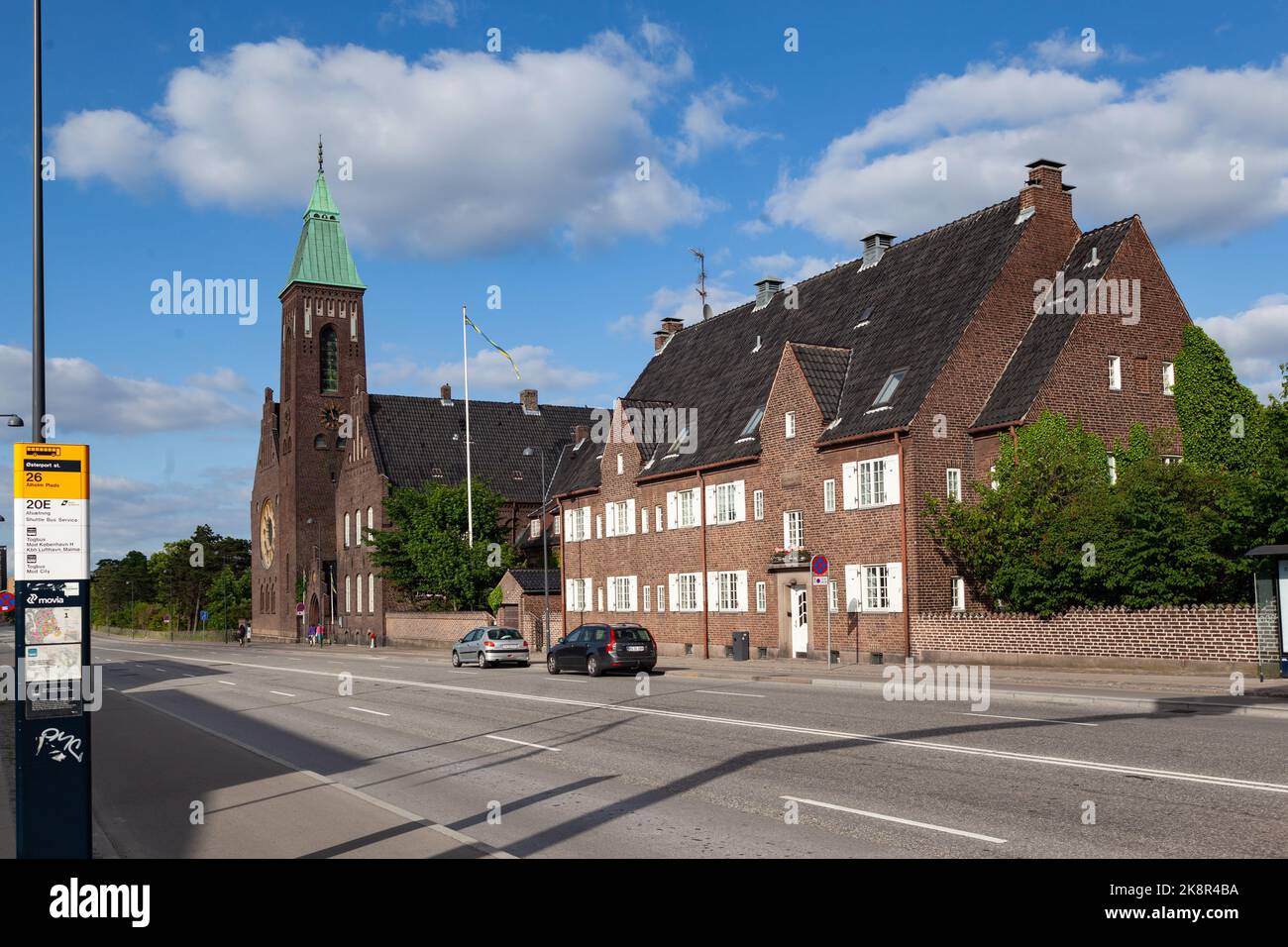 The Gustaf single clock tower brick church in Copenhagen, Denmark Stock ...