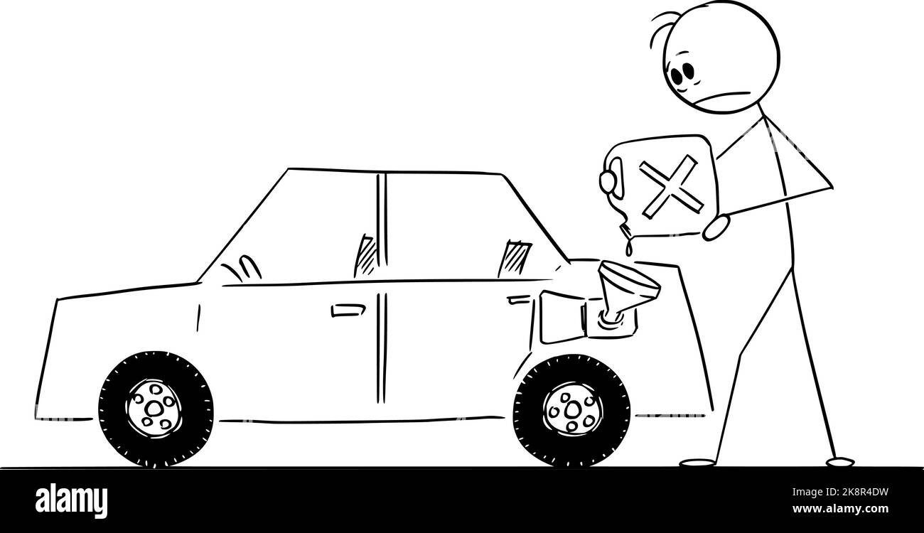 Person Refueling Out of Gas Car from Petrol Can, Vector Cartoon Stick ...