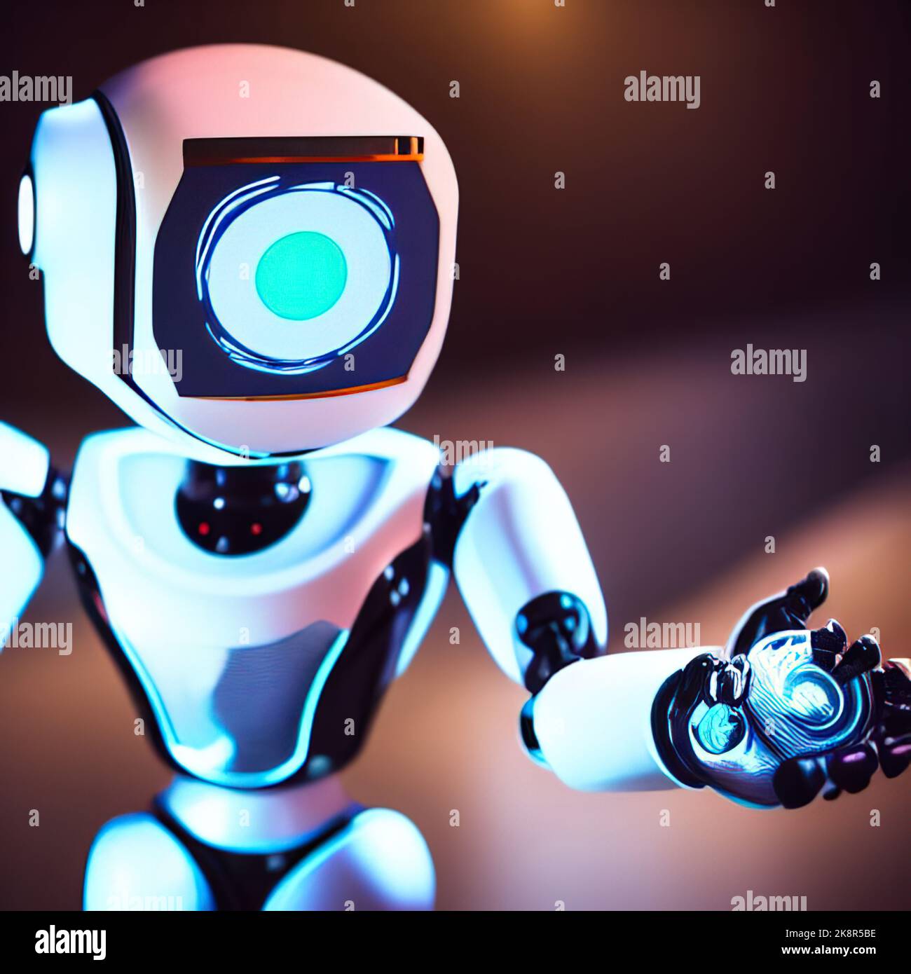 An illustration of a white robot with a blue light on its face Stock ...
