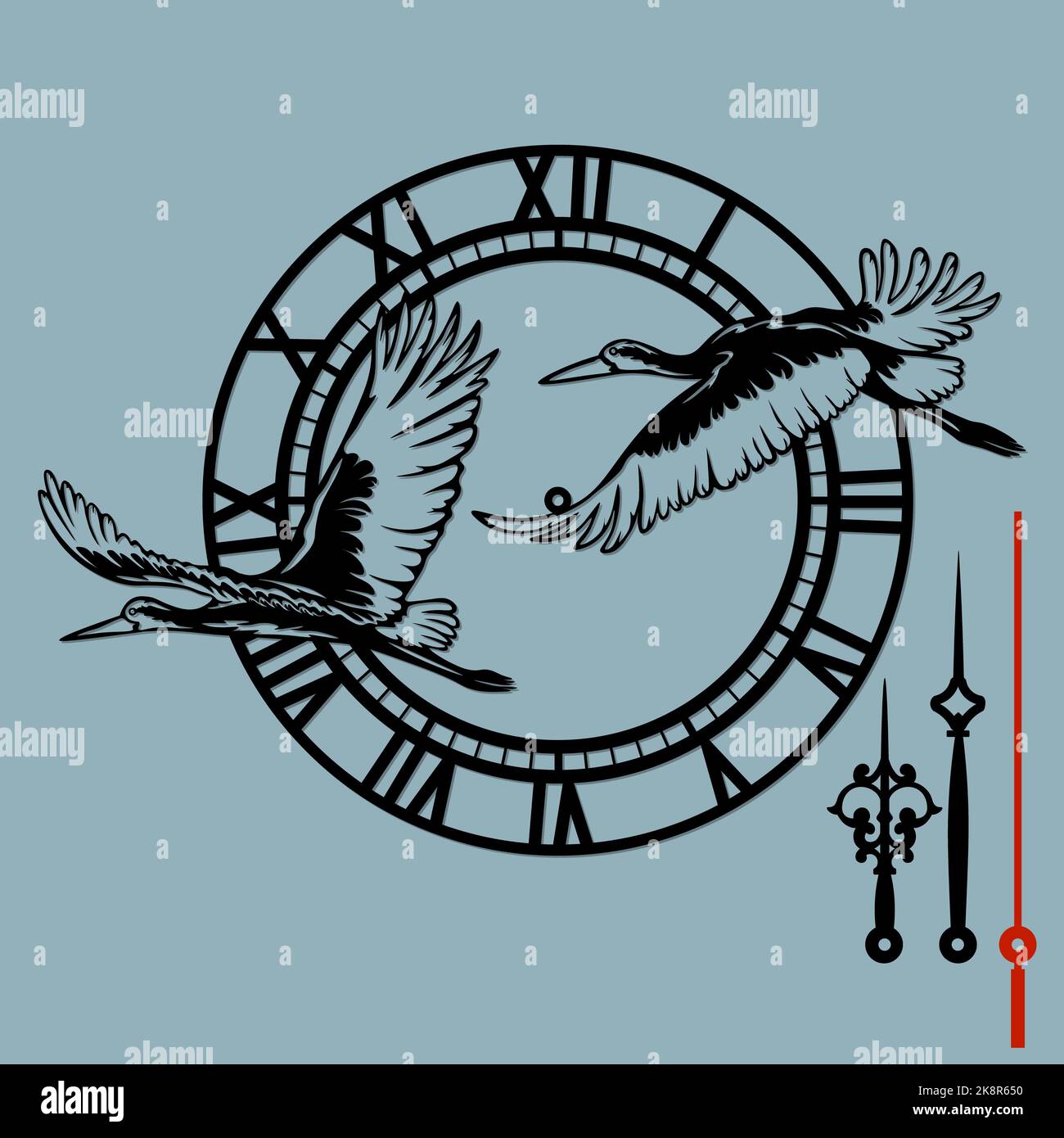 Beautiful clock with birds carved by laser. Stork in flight. Vector ...