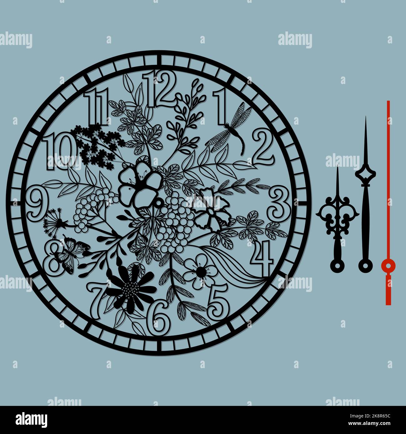 A beautiful clock with a beautiful illustration, laser-cut floral ...