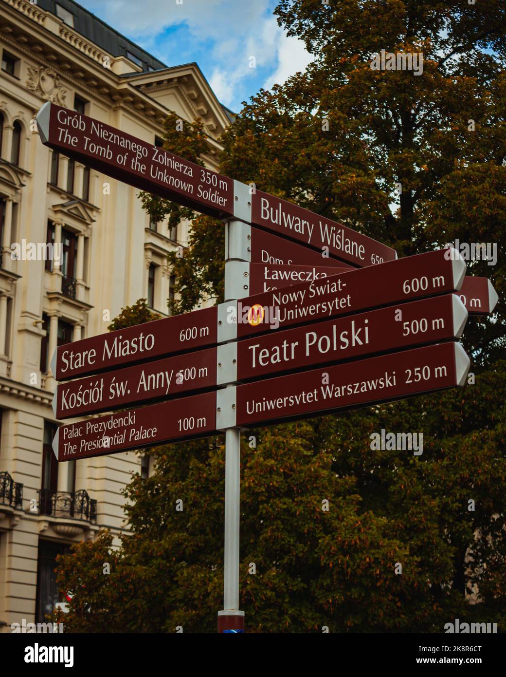 A vertical shot of a road sign showing directions in Warsaw, Poland ...