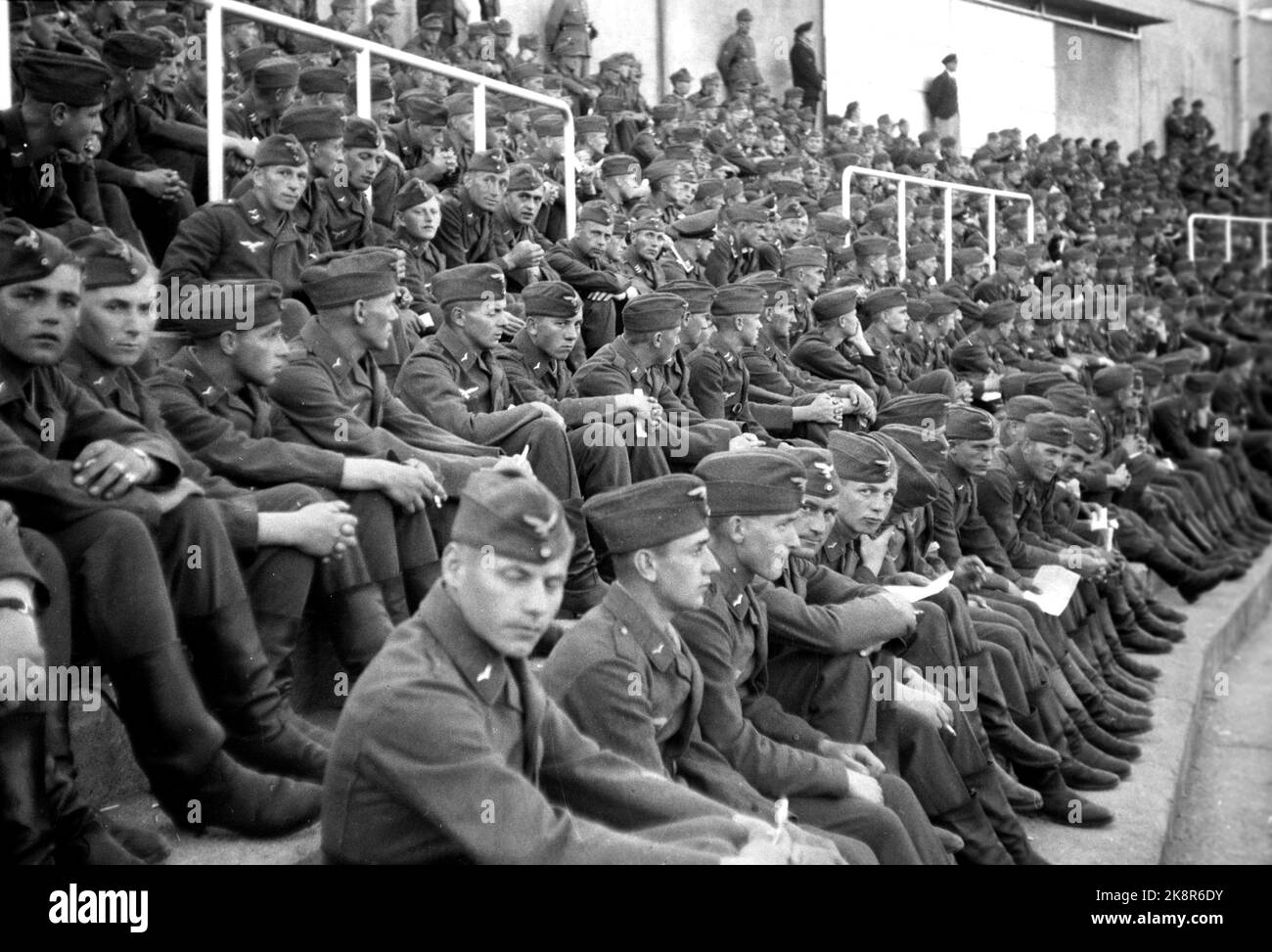 Oslo August 1942. Wehrmacht concert at Bislett Stadium. Soldiers in the stands. Photo: Aage ...