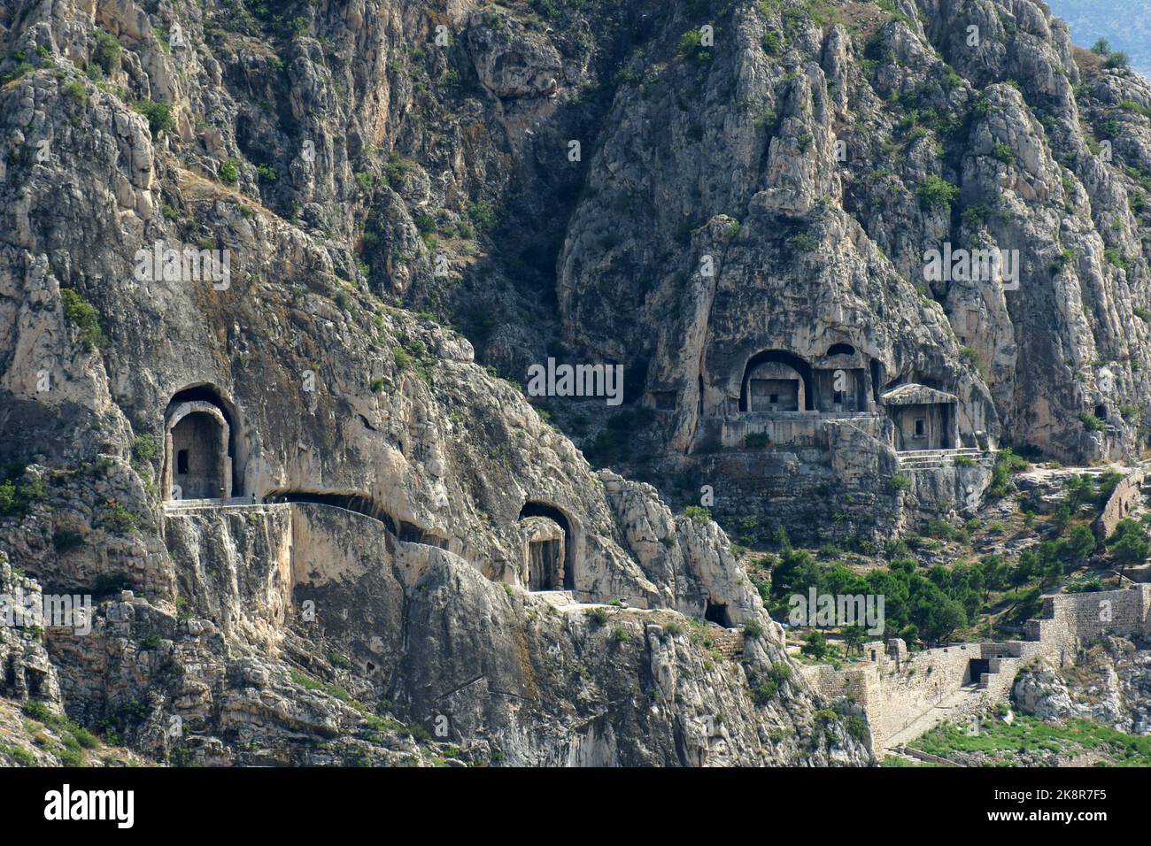 These rock tombs in Amasya Castle in Turkey are from the ancient period ...