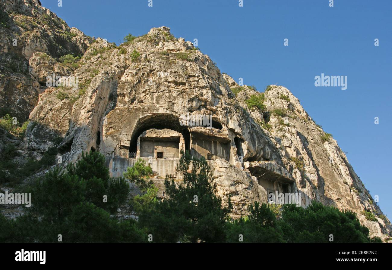 These rock tombs in Amasya Castle in Turkey are from the ancient period ...