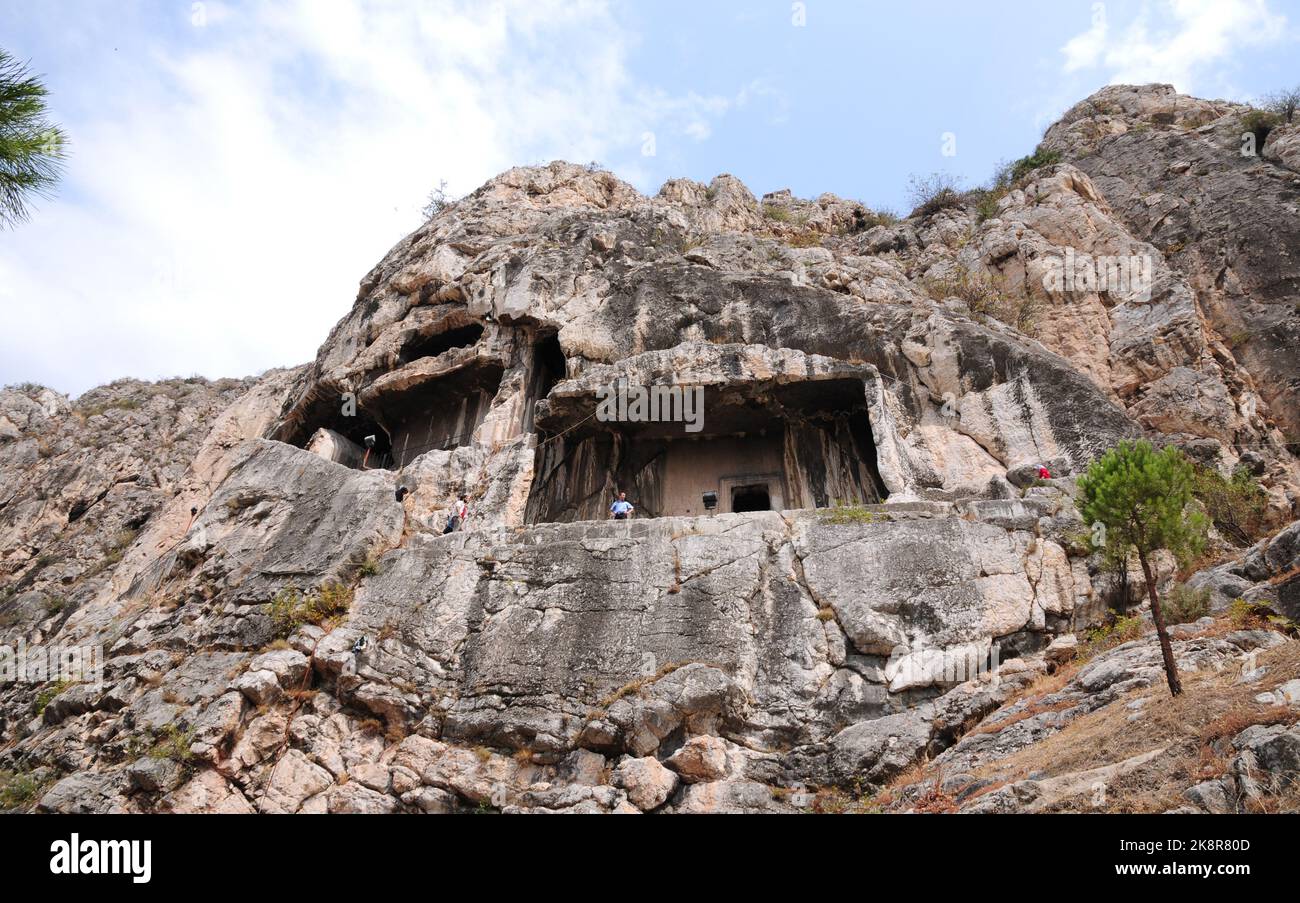 These rock tombs in Amasya Castle in Turkey are from the ancient period ...