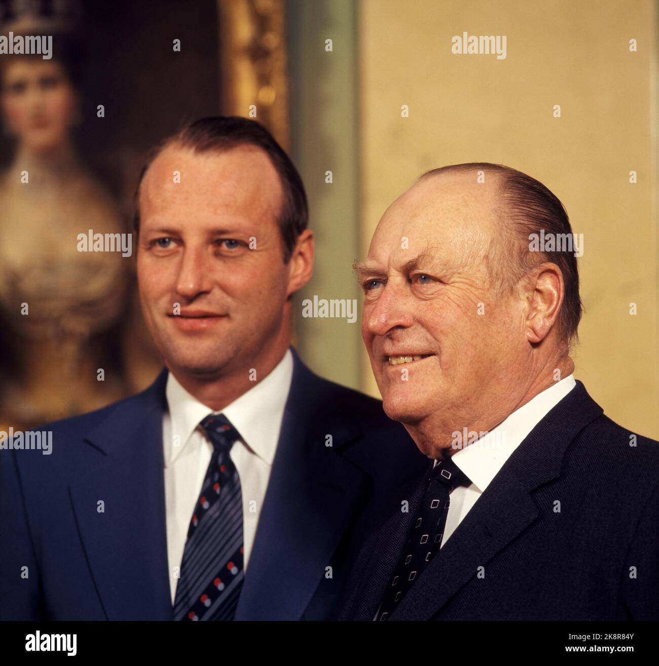 Oslo February 1977: Crown Prince Harald (TV) and King Olav photographed ...
