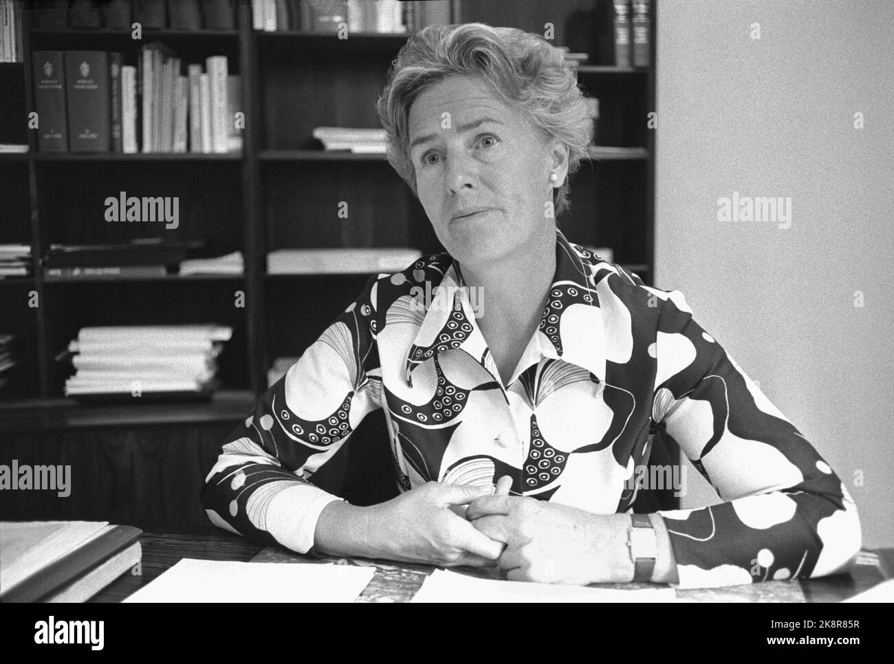 Oslo 19720826. Prime Minister Inger Louise Valle sits in the new ...