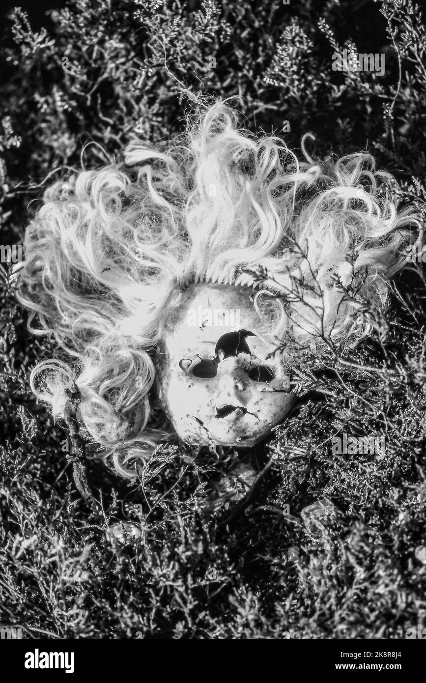 Spooky, ghostly doll's head decay - Black and White Abstract image ...