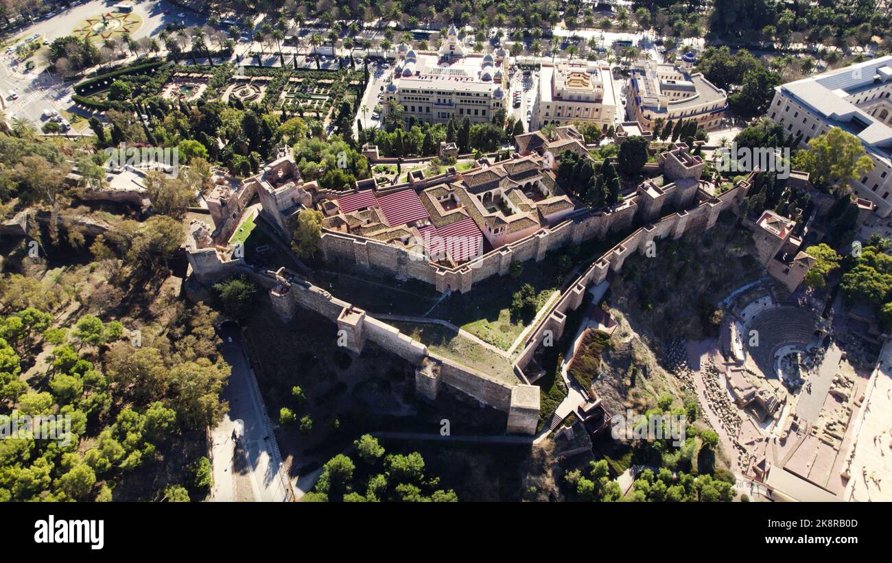 A beautiful aerial view of the fortress of Alcazaba in Malaga, Spain ...