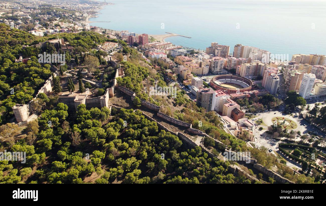 A beautiful aerial view of the fortress of Alcazaba in Malaga, Spain ...