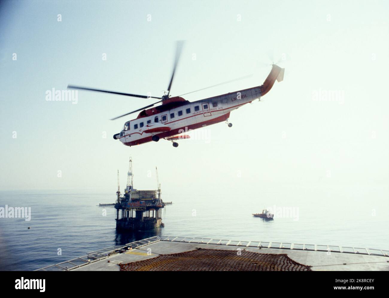 North Sea 19780508: The Frigg field. Oil fields. Helicopter takes off ...