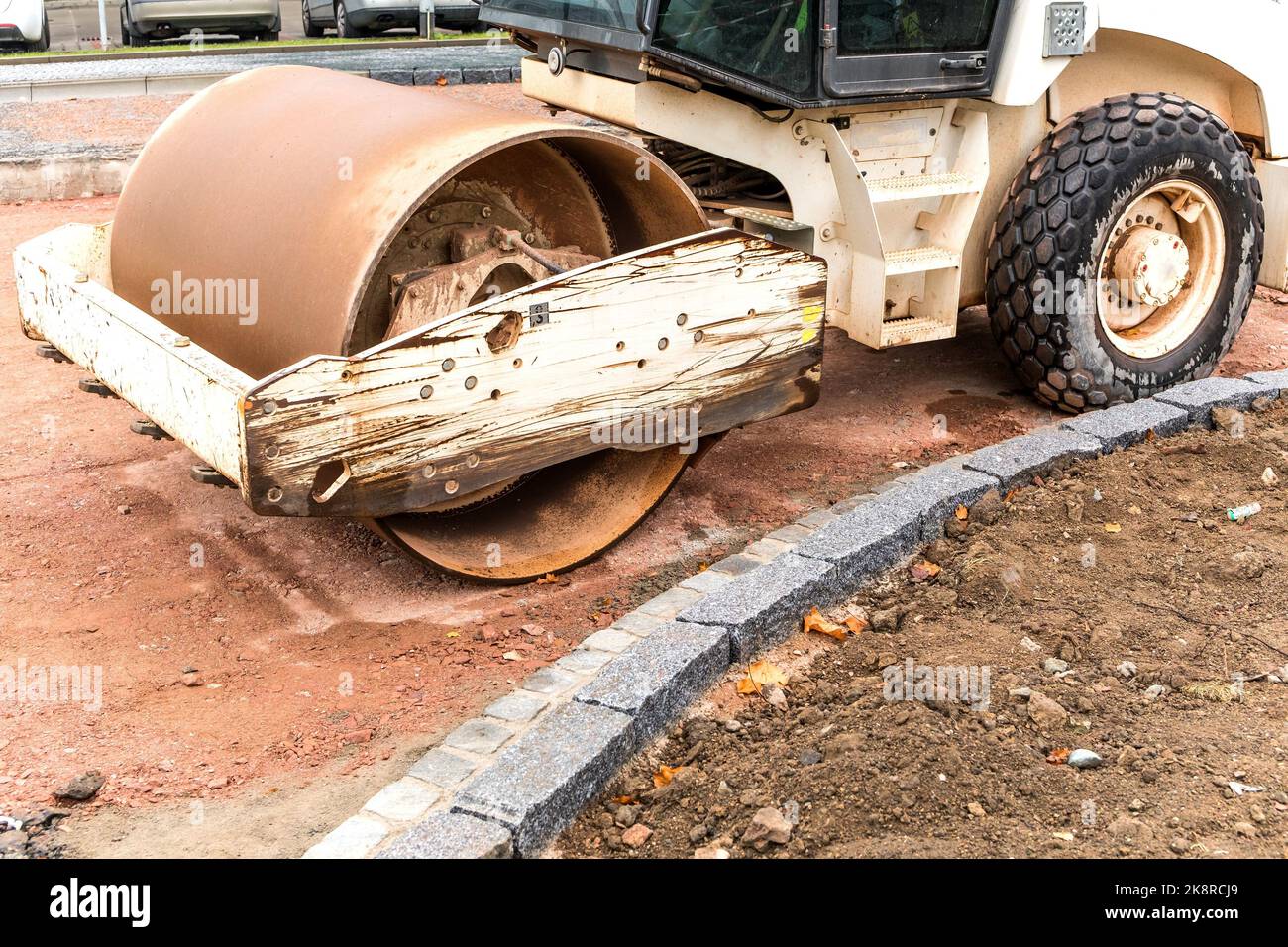 Vibration roller compactor at road construction and repairing asphalt ...