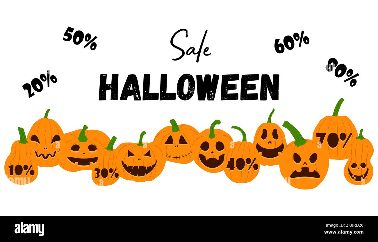 Halloween Sale banner. Vector flat pumpkins with scary glowing faces ...